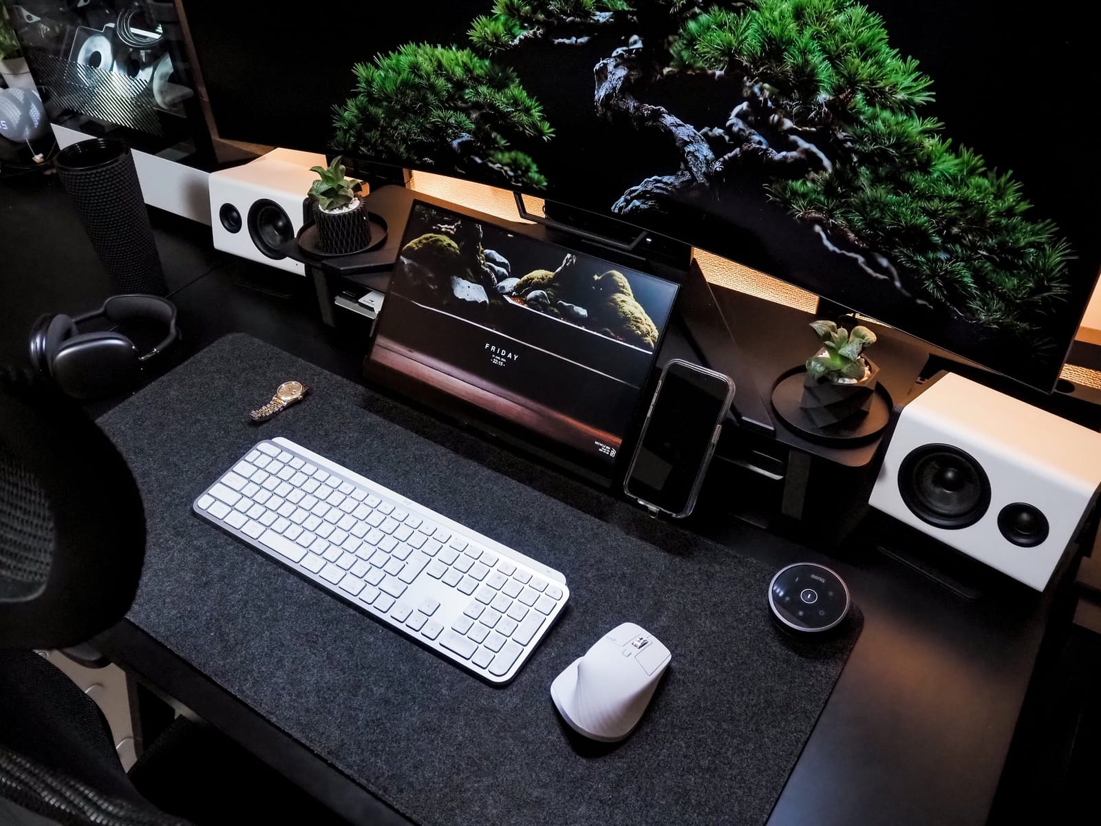 Gaming Desk Setup with Bonsai
