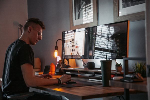 Standing Desk Setup with Dual Apple Studio Displays